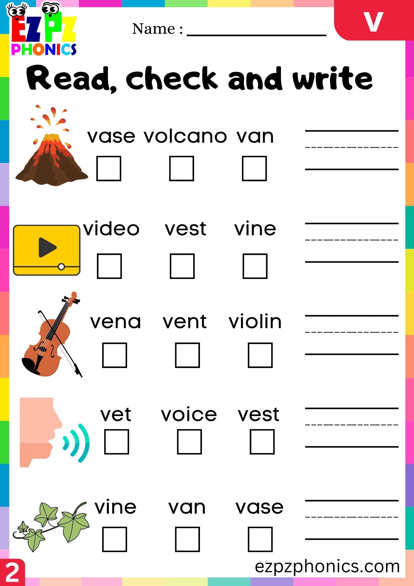 Group2 Letter V Read, Check And Write Beginning Sounds Worksheet - ezpzphonics.com
